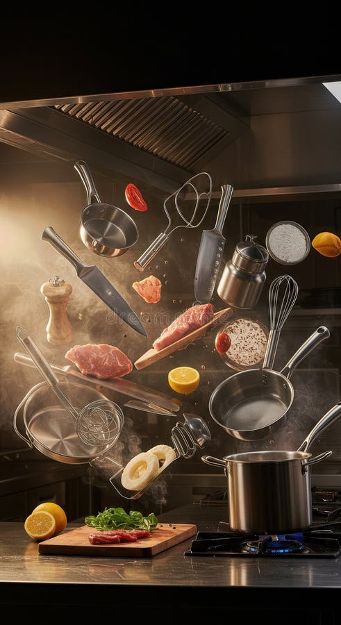 Kitchen Appliances and Culinary Tools Floating in Sunlit Summer Chef ...