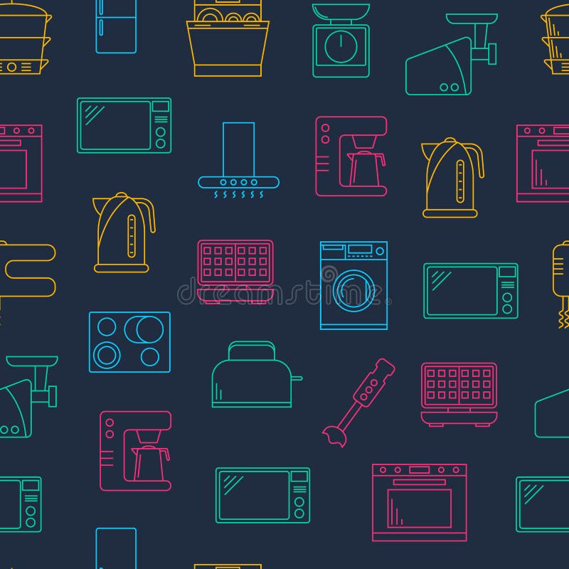 Kitchen Appliances Signs Thin Line Seamless Pattern Background. Vector ...