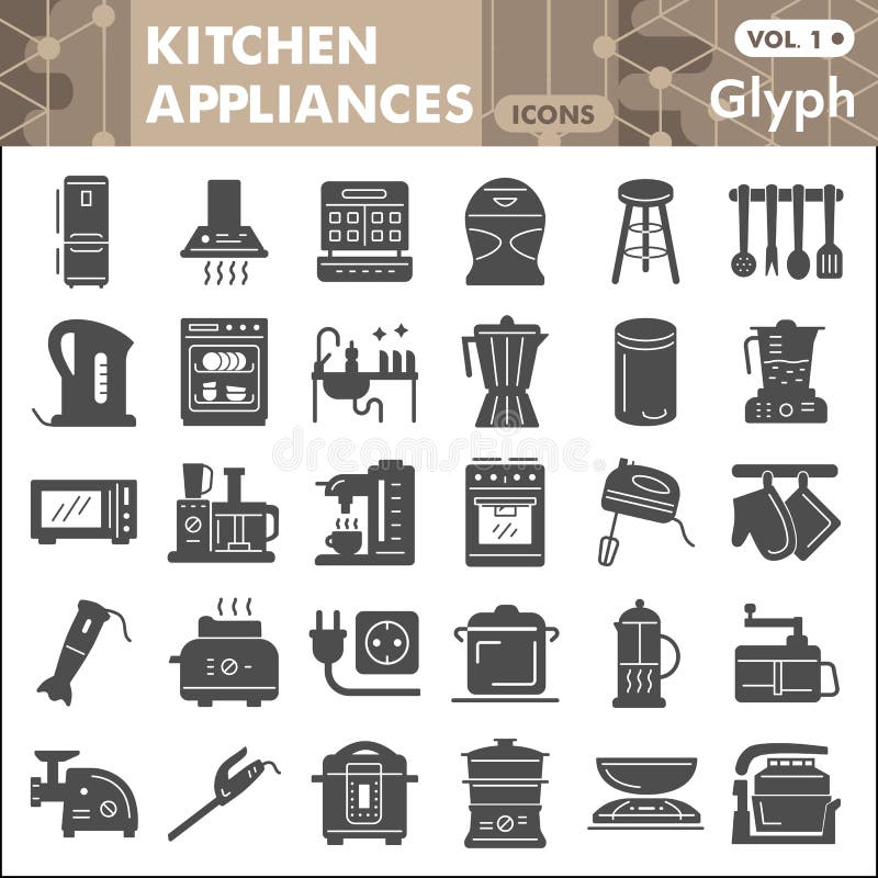Kitchen Appliances Solid Icon Set, Kitchenware Symbols Collection or ...