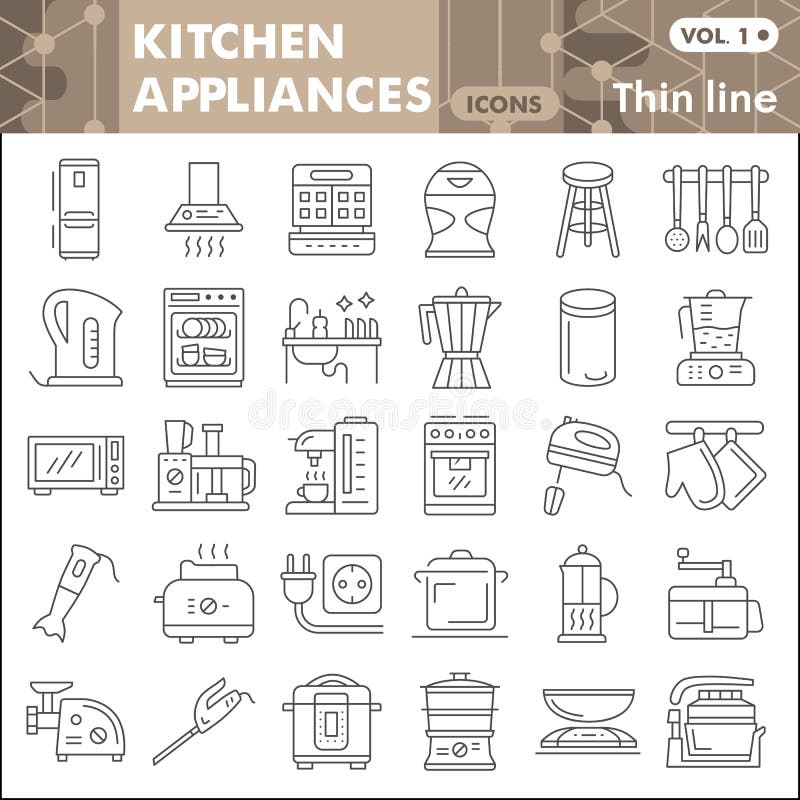Kitchen Appliances Thin Line Icon Set, Kitchenware Symbols Collection ...