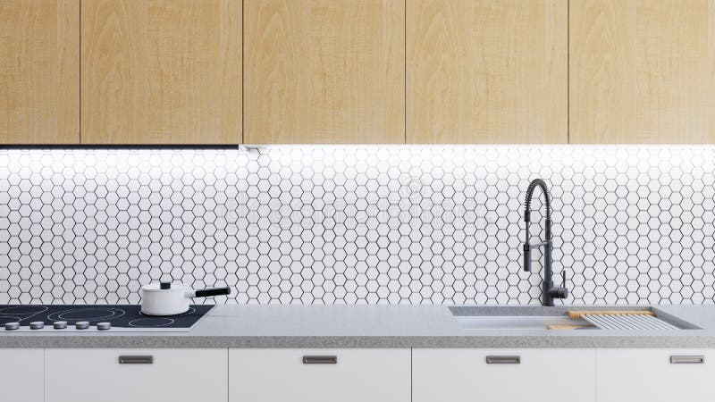 3D Rendering of a Kitchen with White Fronts and Wood Paneling. Stock ...