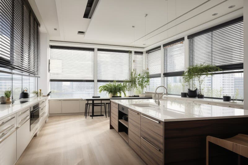 Kitchen with Automated Blinds that Raise and Lower To Control Sunlight ...