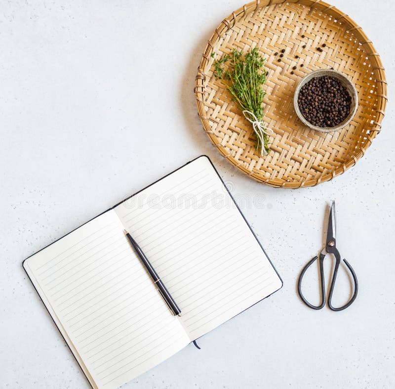 Kitchen Background with Open Cookbook for Recipes and Various Spices ...