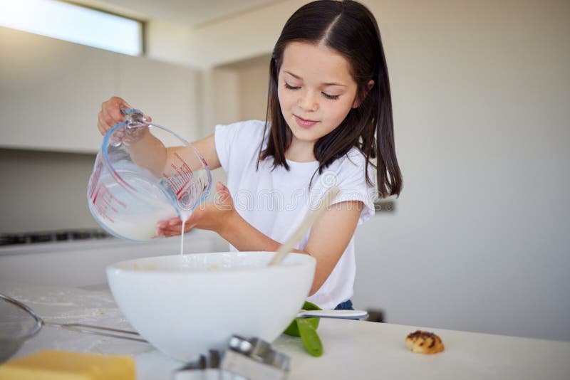 Kitchen, Baking and Child with Ingredients, Smile and Preparing of ...