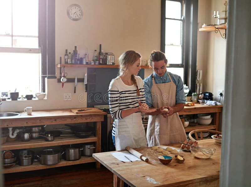 Kitchen, Baking and Couple with Dough, Table and Preparation of Cookies ...