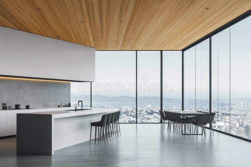 Kitchen with Bar Island and Cabinet, Panoramic Window in a Stylish Home ...