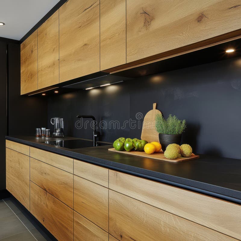 A Kitchen with a Black Counter Top and Wooden Cabinets Stock ...