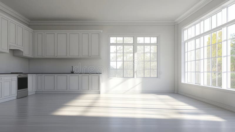 Kitchen with Blank Wall Space Large Windows Open Layout 3D Rendering ...