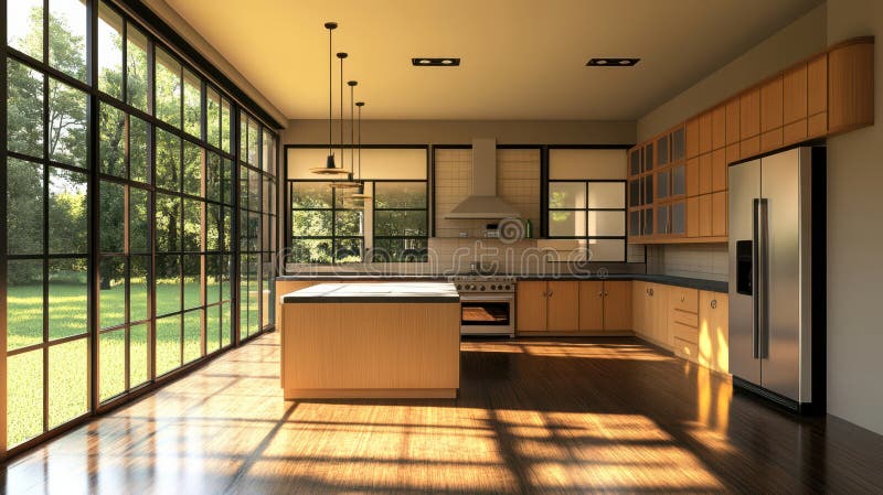 Kitchen with Blank Wall Space Large Windows Open Layout 3D Rendering ...