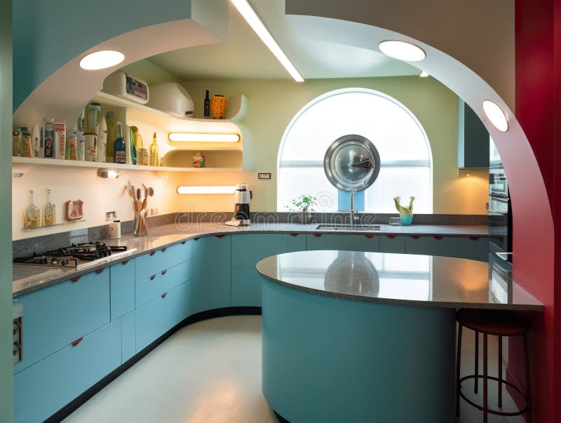 A Kitchen with Blue Cabinets and a Round Counter. Generative AI Image ...