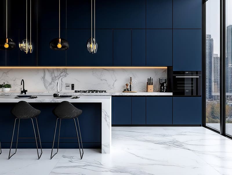 A Kitchen with Blue Cabinets and a White Counter Top Stock Photo ...