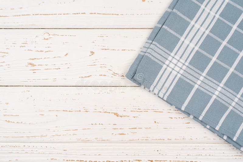 Kitchen Blue Checkered Tablecloth on Rustic Wood Background Template ...