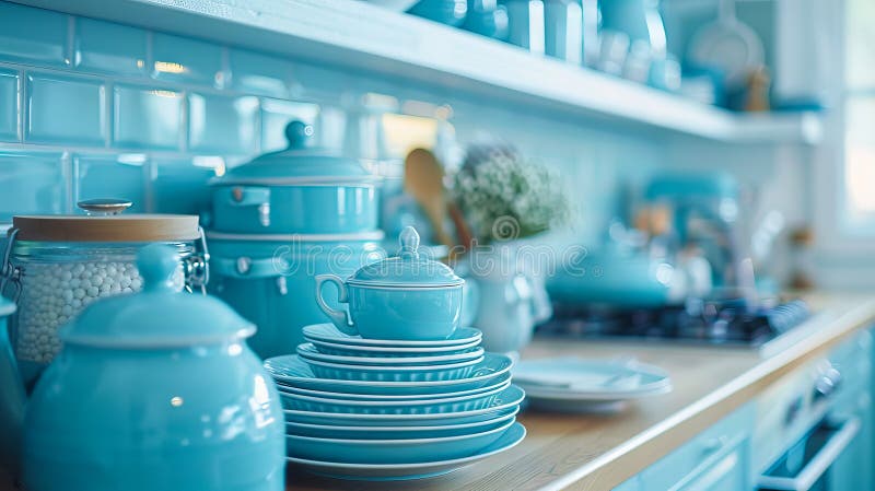 A Kitchen with Blue Dishes and Blue Tiles Stock Image - Image of dishes ...