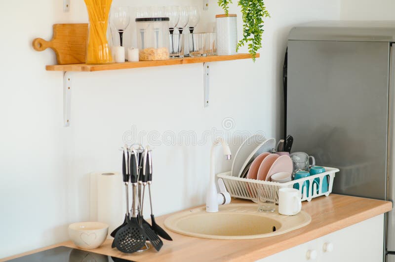 Kitchen Brass Utensils, Chef Accessories. Hanging Kitchen with White ...