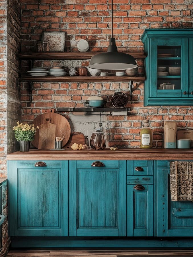 Kitchen with Brick Wall and Blue Cabinets Stock Photo - Image of ...