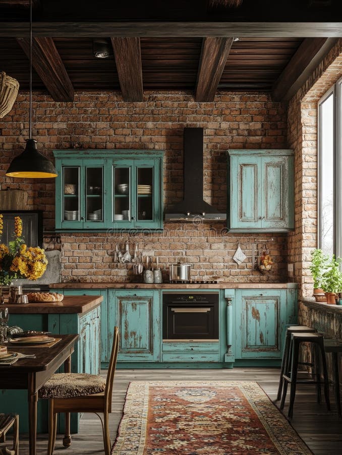 Kitchen with Brick Wall and Blue Cabinets Stock Image - Image of decor ...