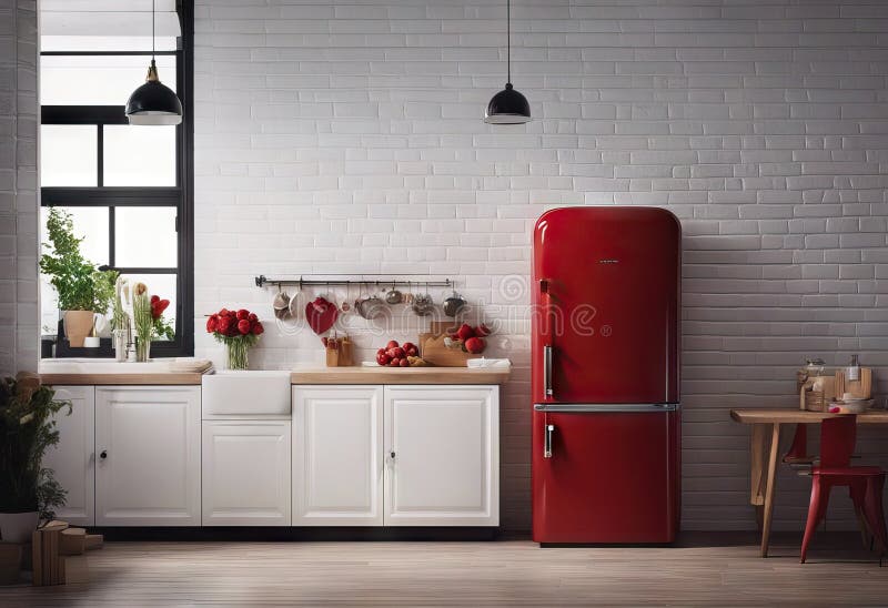 Kitchen Brick Wall Refrigerator Red Counters Celebration Decorated ...