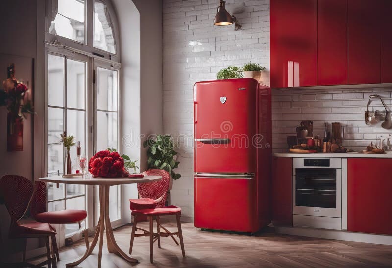 Kitchen Brick Wall Refrigerator Red Counters Celebration Decorated ...