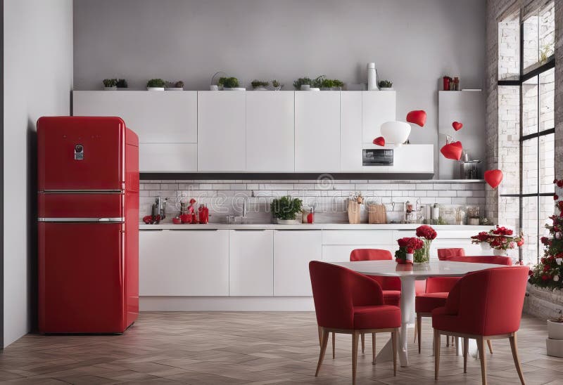 Kitchen Brick Wall Refrigerator Red Counters Celebration Decorated ...