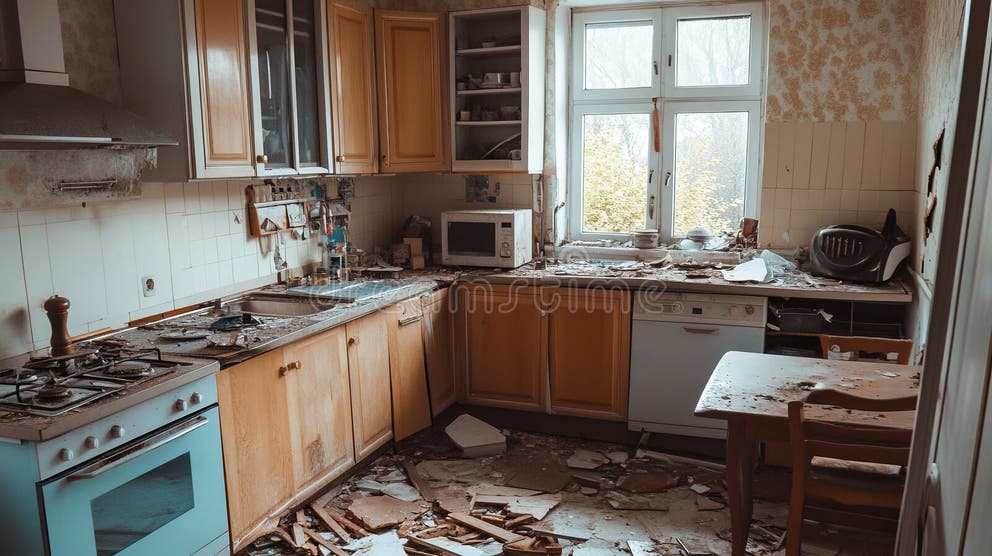 Kitchen with Broken Cabinets and Debris, Mid-modernization. Picture ...