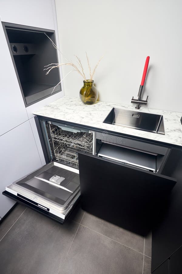 Kitchen with Built-in Opened Dishwasher and Pull Out Drawer for Waste ...