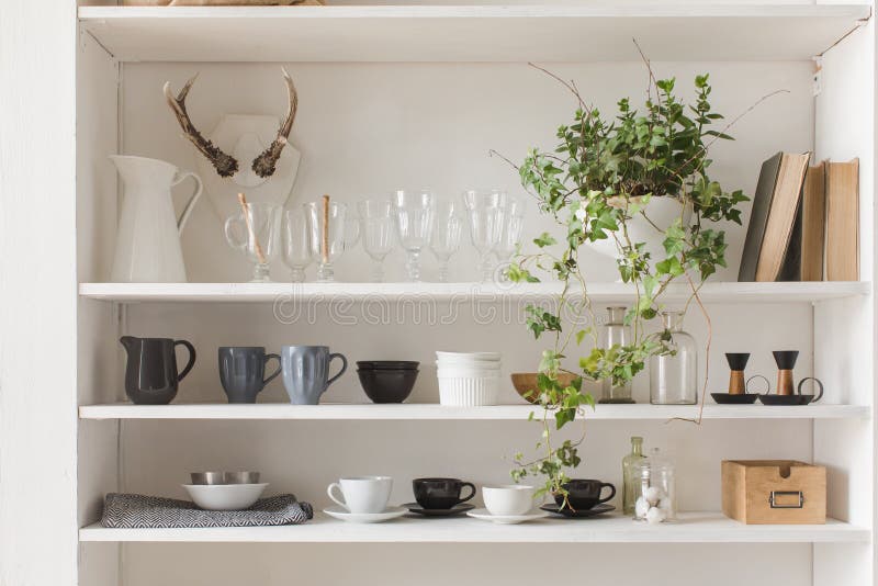 Kitchen Cabinet or Cupboard for Dishes Stock Photo - Image of interior ...
