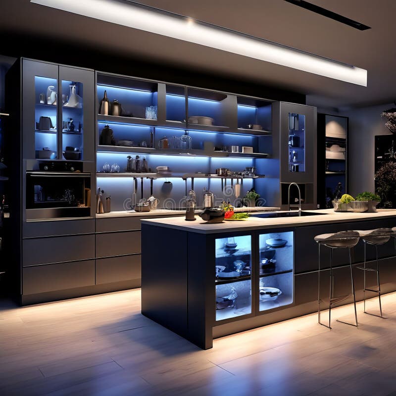 A Kitchen with Cabinets that Have Built in Led Lighting that C Stock ...