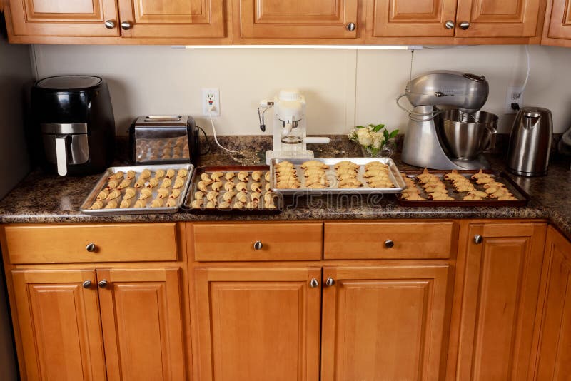 Kitchen Cabinets and Kitchen Tools with Baked Cookies Stock Photo ...