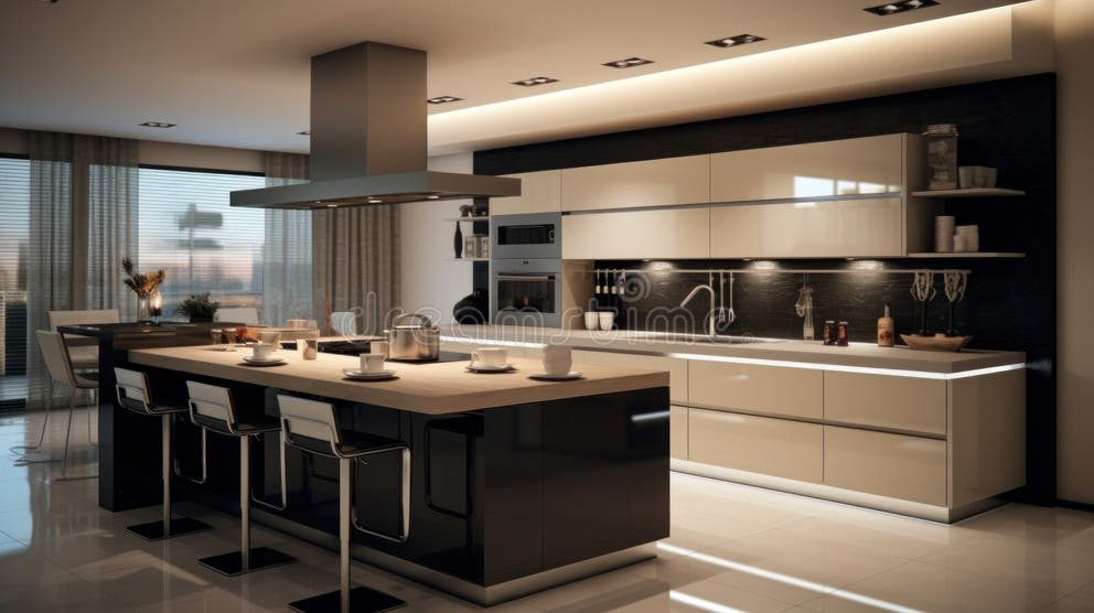 A Kitchen with a Center Island and Bar Stools, AI Stock Image - Image ...