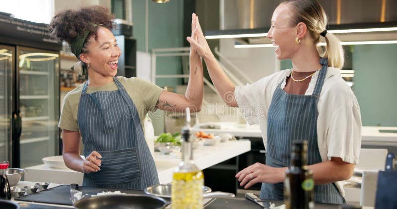 Kitchen, Chef and High Five for Cooking in Restaurant with Excellent ...