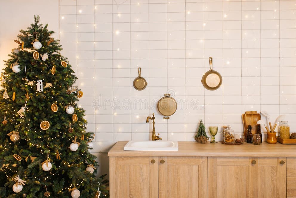 Kitchen with a Christmas Tree and a Sink Stock Image - Image of living ...