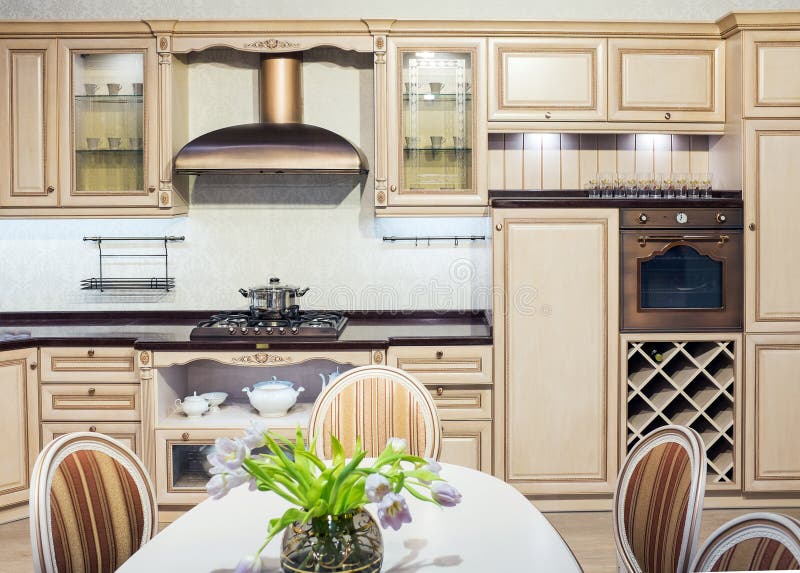 Classic Style Kitchen and Dining Room Interior Stock Photo - Image of ...