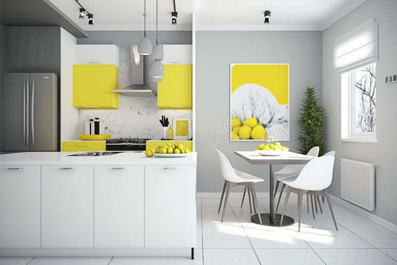 A Kitchen with Clean Lines, with Pops of Bright Yellow, Neutral Colors ...