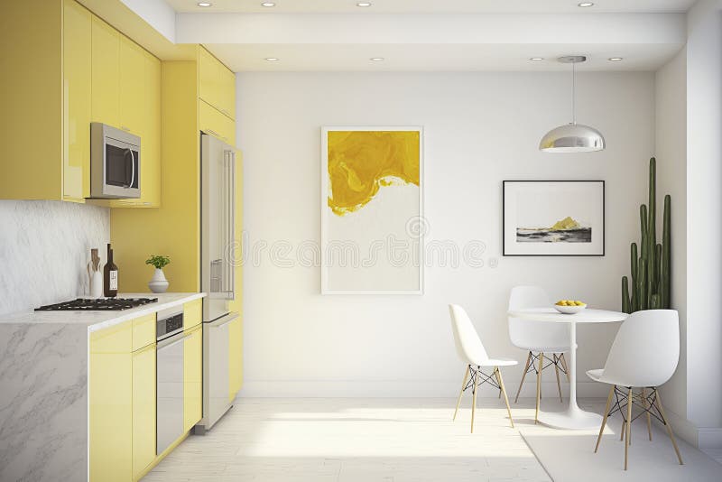 A Kitchen with Clean Lines, with Pops of Bright Yellow, Neutral Colors ...