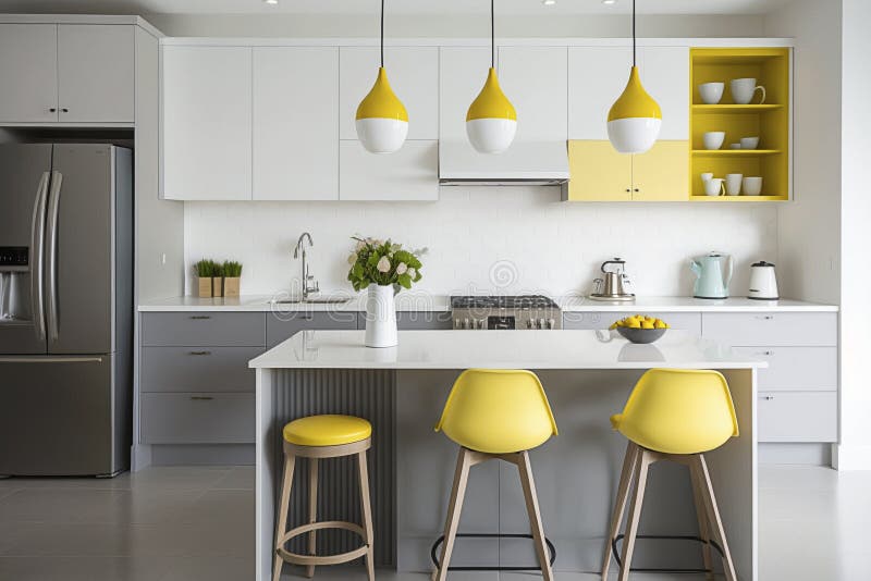 A Kitchen with Clean Lines, with Pops of Bright Yellow, Neutral Colors ...