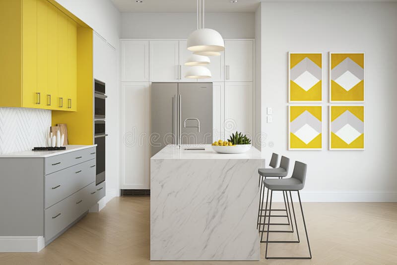 A Kitchen with Clean Lines, with Pops of Bright Yellow, Neutral Colors ...