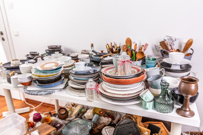 Kitchen Clutter, Utensils and Kitchenware on a Table. Concept of ...