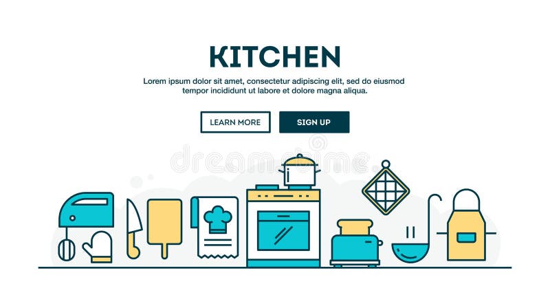 Kitchen, Colorful Concept Header, Flat Design Thin Line Style Stock ...