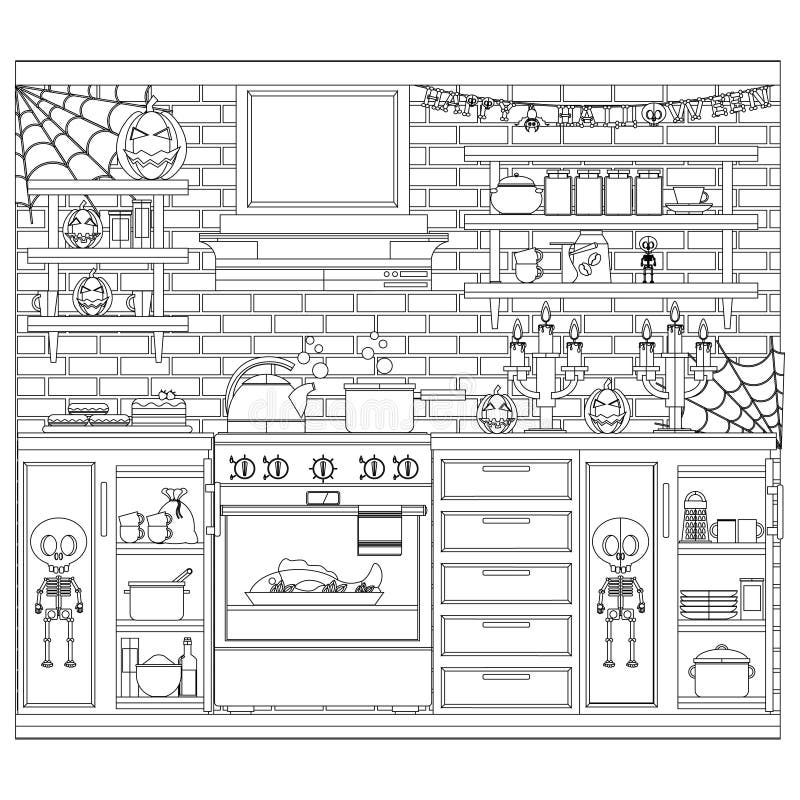 Kitchen Coloring Book Prepared for the Celebration of Halloween. Vector ...