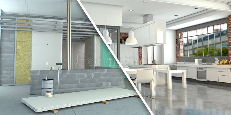 Kitchen before and after Construction Stock Illustration - Illustration ...