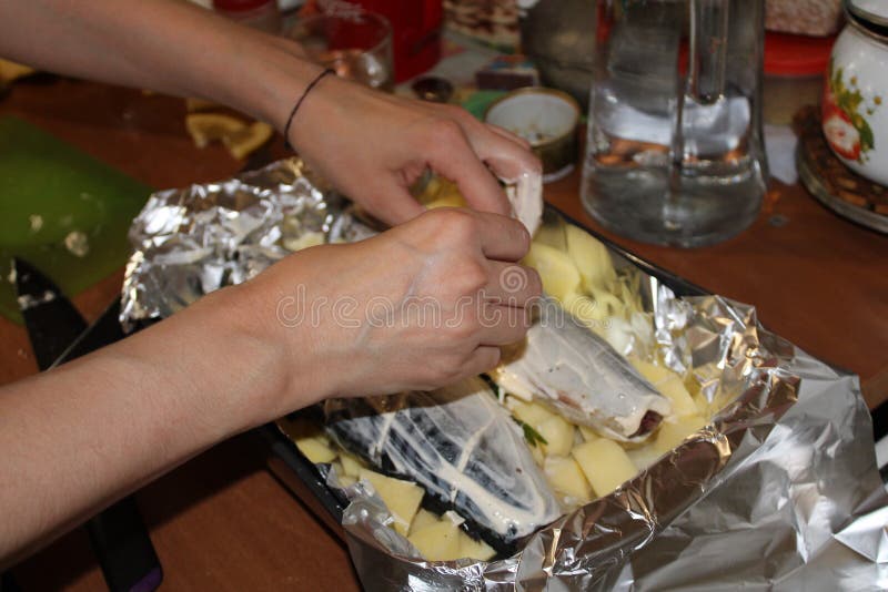 Kitchen Cooking Hands at Work Stock Photo - Image of women, mackerel ...