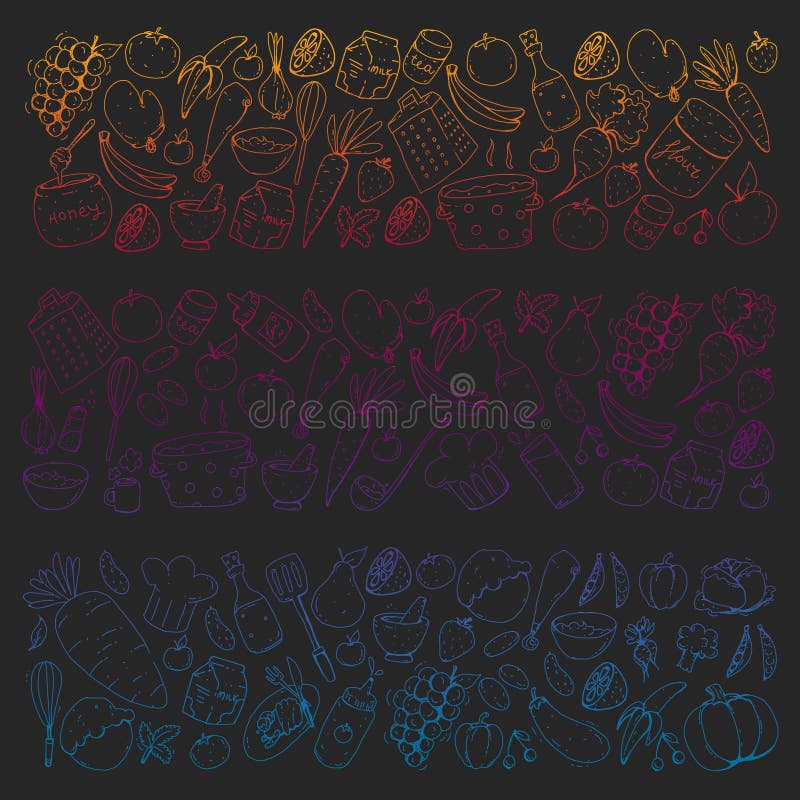 Kitchen and Cooking Seamless Pattern. Icons of Food and Drinks. Stock ...