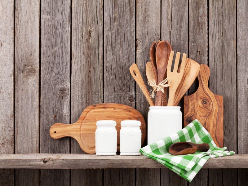 Kitchen Cooking Utensils on Shelf Stock Photo - Image of rustic, space ...