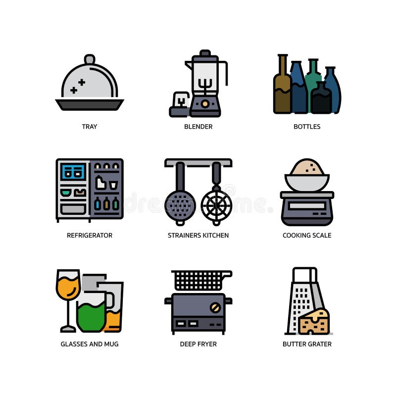 Kitchen and cookware icons stock vector. Illustration of bowl - 140540661