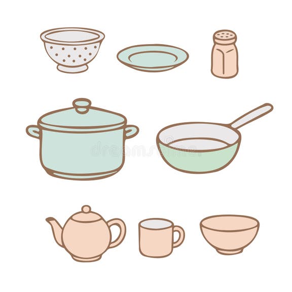 Kitchen Cookware Set Color White Background FlatOutline Style Vector Stock Vector - Illustration ...
