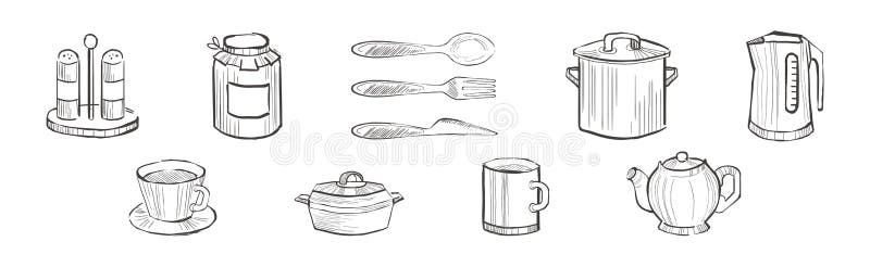 Kitchen Cookware and Utensils Sketch Drawn Vector Set Stock Vector ...