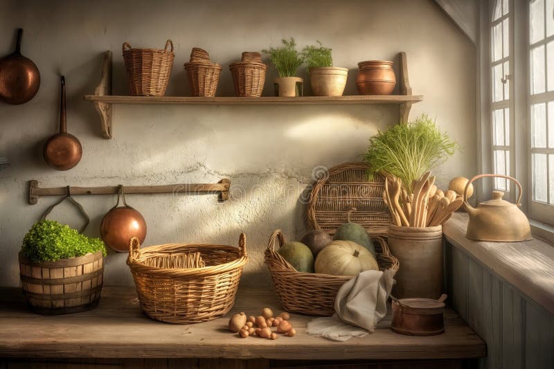 Kitchen Corner with Baskets, Vegetables, and Decor Stock Image - Image ...