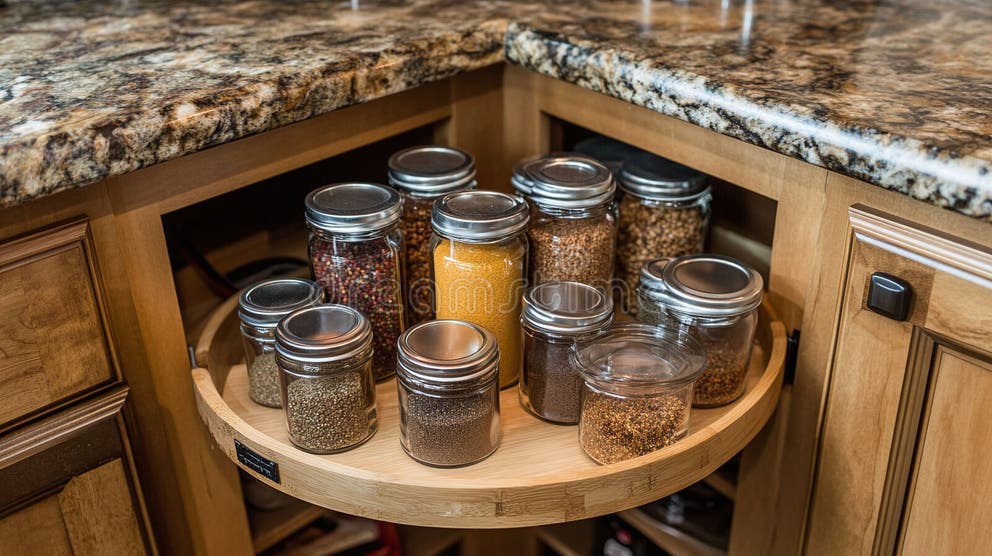 A Kitchen Corner Optimized with a Lazy Susan for Spices and Jars. Stock ...