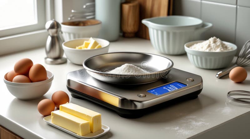 Kitchen Counter with Baking Ingredients and Digital Scale for Precise ...