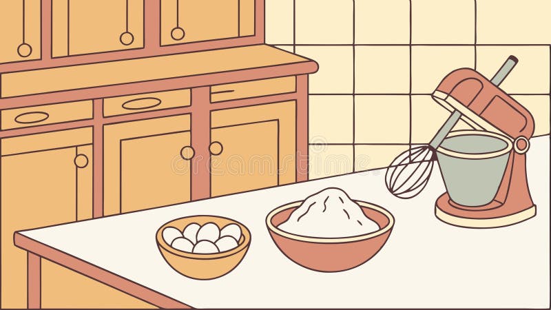 Kitchen Counter Baking Scene Whisk Mixing Bowl Ingredients, Vector ...